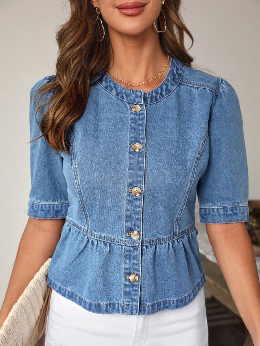 EMERY ROSE Puff Sleeve Peplum Denim Jacket | SHEIN EUR