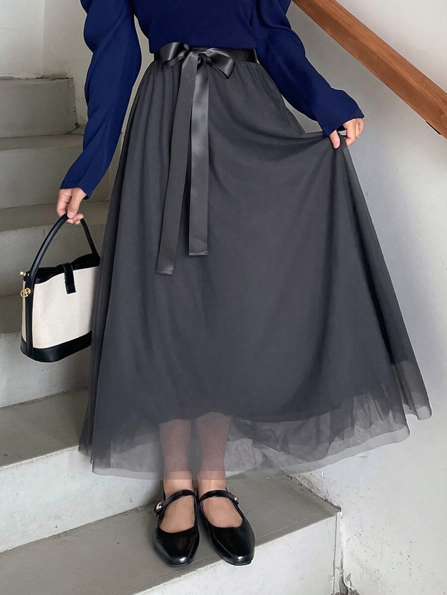 FRIFUL Solid Belted Mesh Overlay Skirt | SHEIN USA