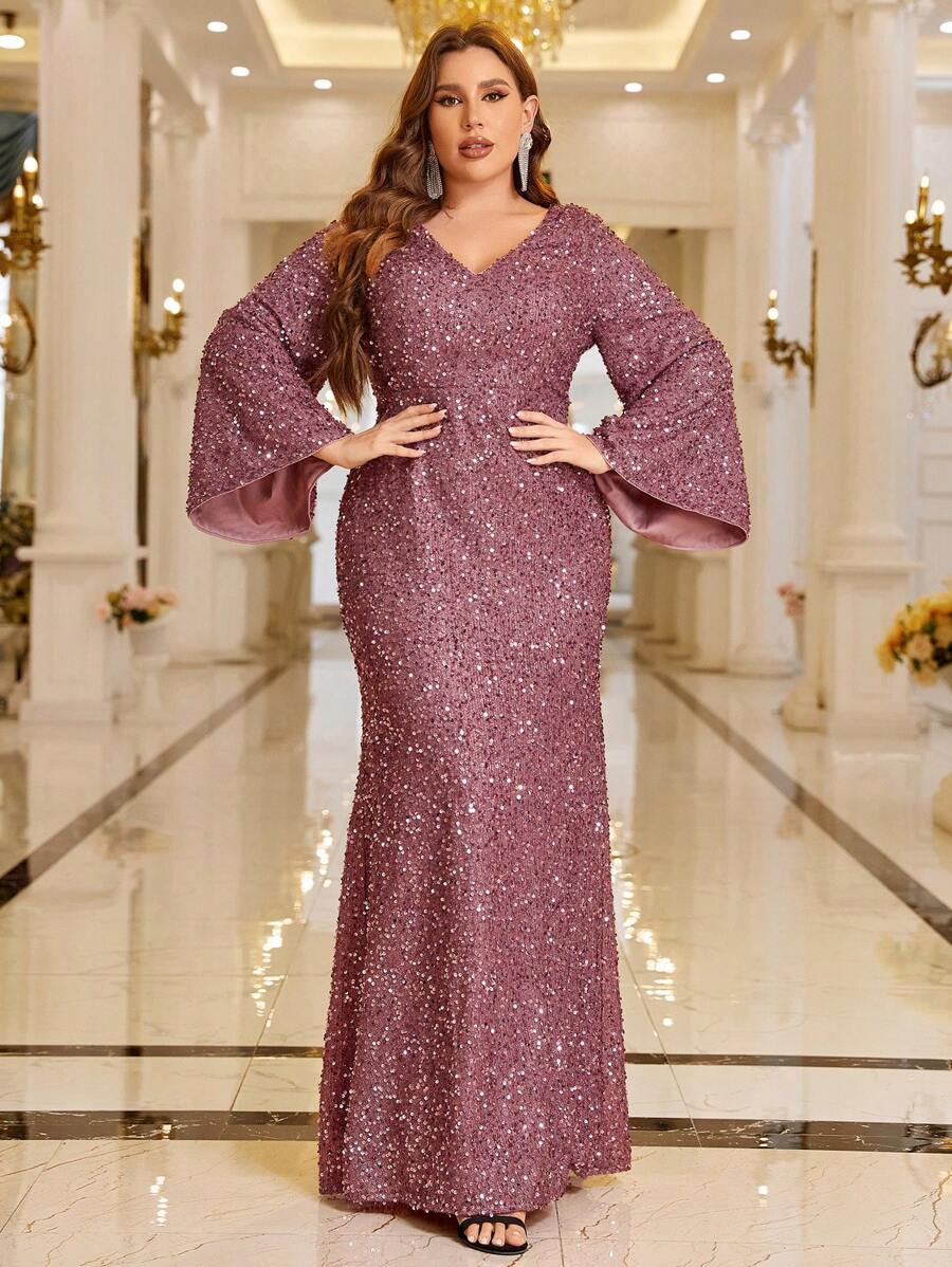 SHEIN Belle Plus Flare Sleeve Sequin Dress Elegant Long Sleeve Formal ...