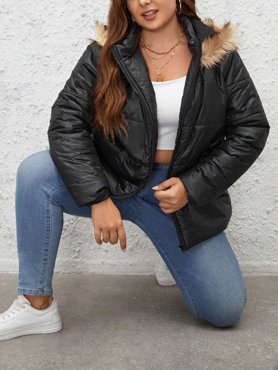 SHEIN LUNE Plus Fuzzy Trim Hooded Padded Padded Coat Clothes Winter | SHEIN USA