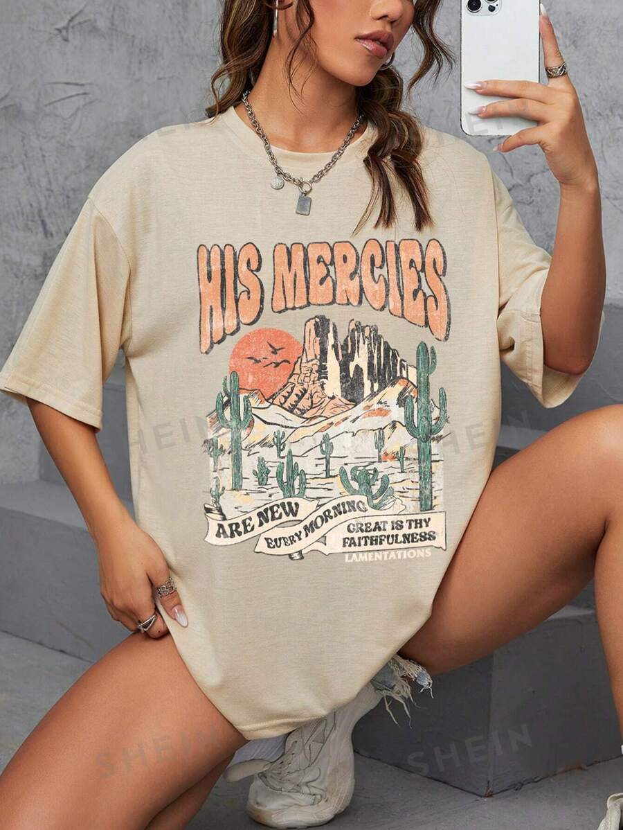 Shein Ezwear Cactus And Letter Graphic Drop Shoulder Tee His Mercies