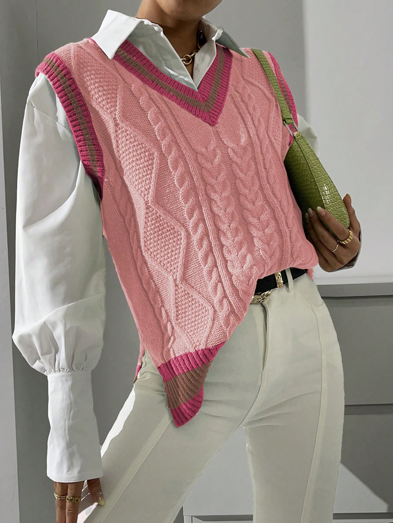 1pc Striped Trim Cable Knit Sweater Vest | SHEIN USA