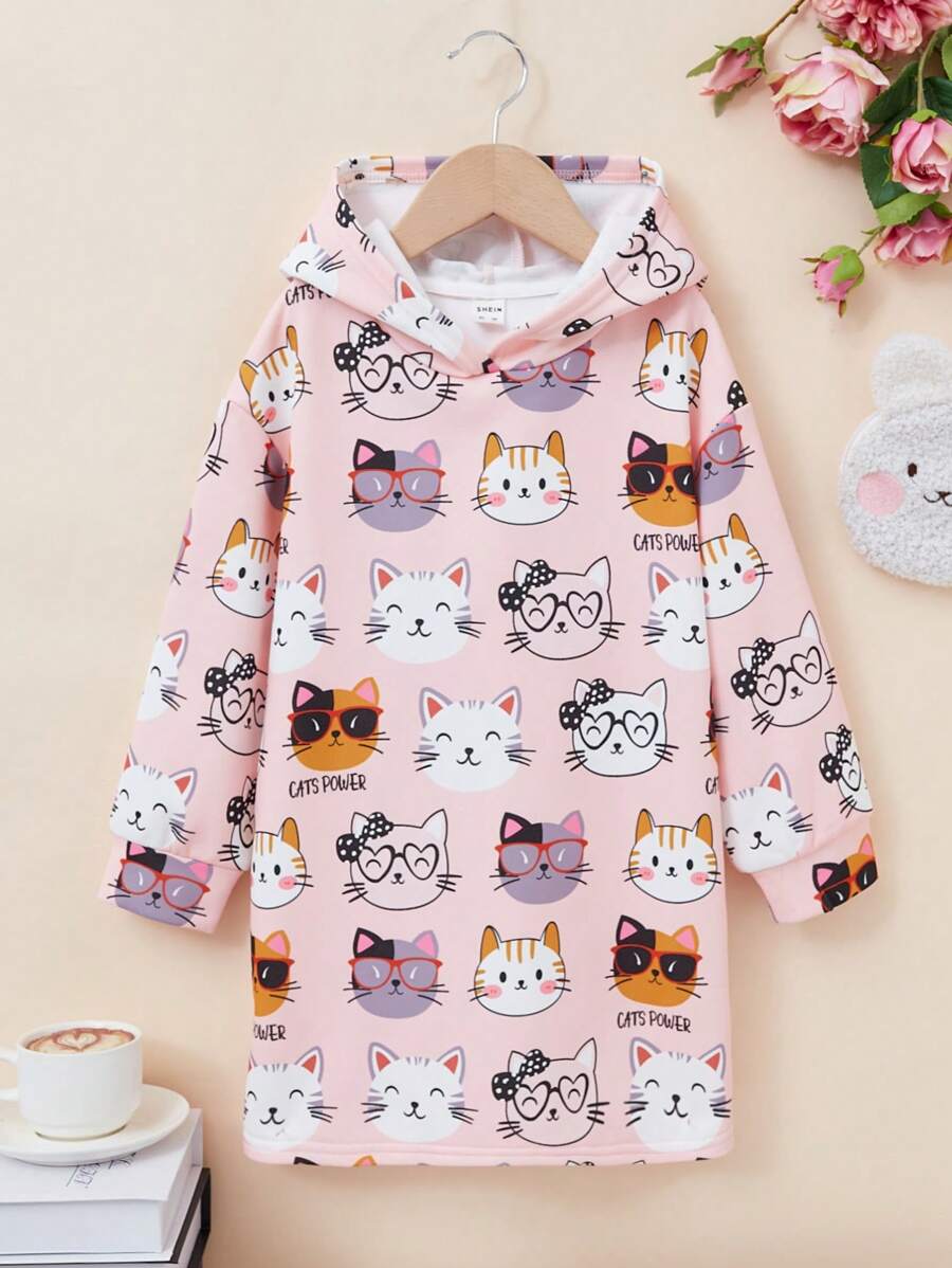 SHEIN Young Girl Cartoon Cat Print Hooded Dress | SHEIN USA