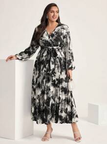 SHEIN Modely Plus Floral Print Belted Pleated Hem Dress | SHEIN USA
