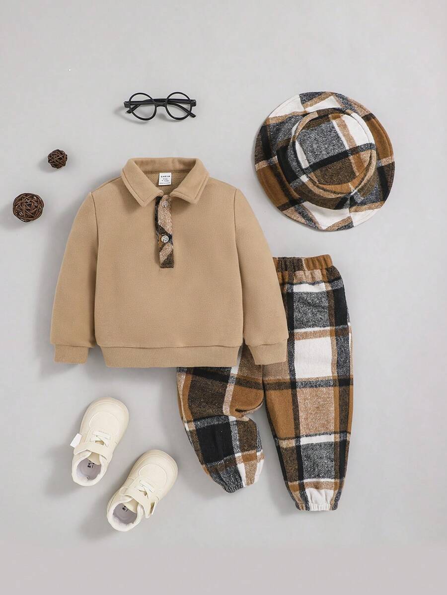 SHEIN Baby Boy Polo Shirt & Plaid Pants & Hat | SHEIN USA