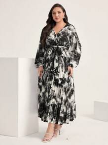 SHEIN Modely Plus Floral Print Belted Pleated Hem Dress | SHEIN USA