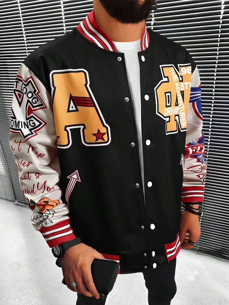 Manfinity LEGND Loose Fit Men's Printed Graffiti Varsity Jacket | SHEIN USA