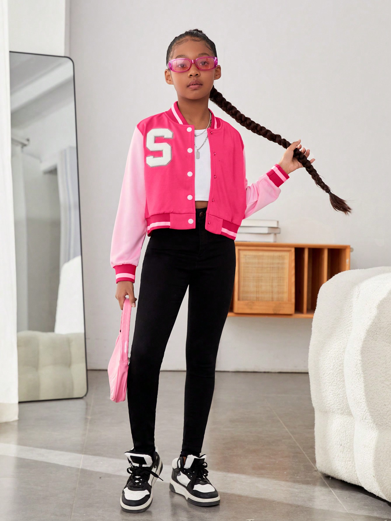 Tween Girl Letter Patched Striped Trim Colorblock Varsity Jacket ...