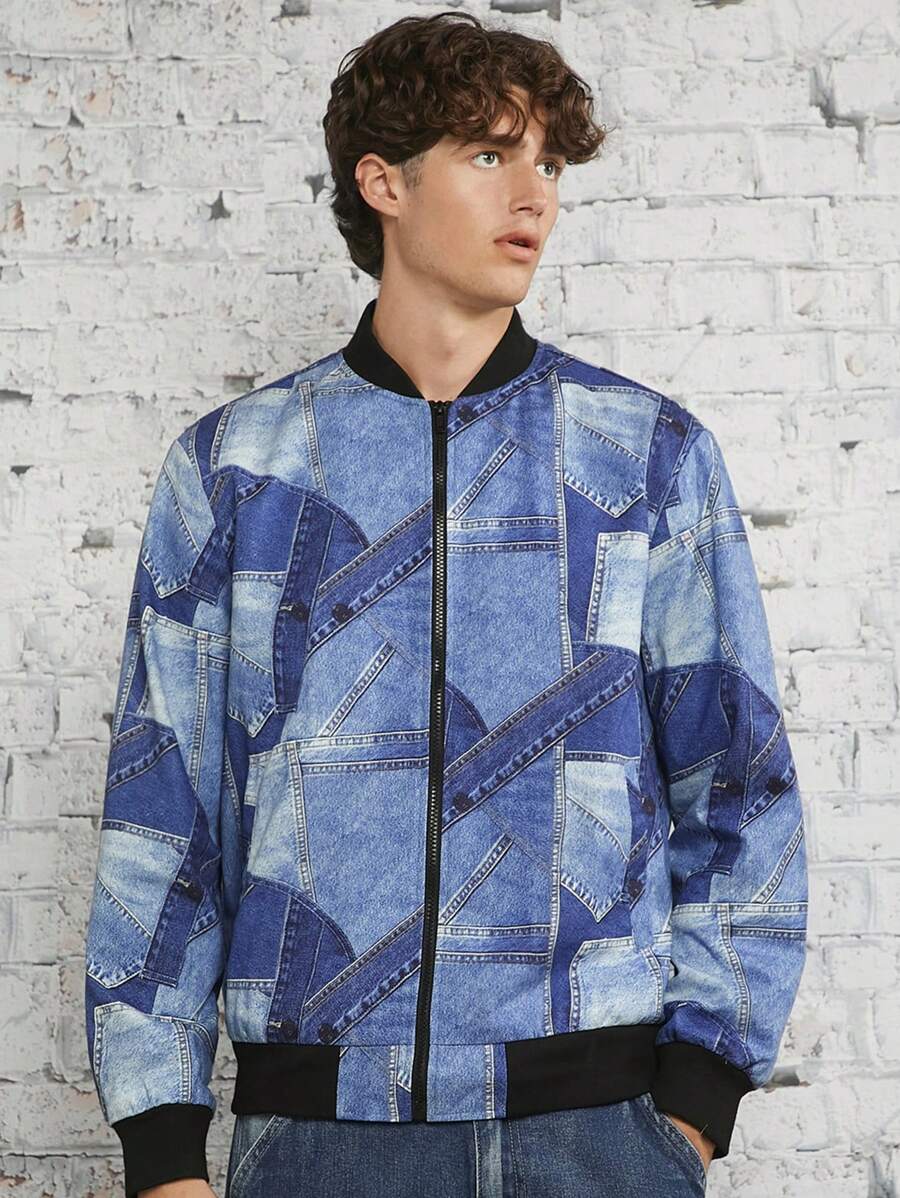 Manfinity Hypemode Men Denim-Effect Print Zip Up Bomber Jacket Without ...