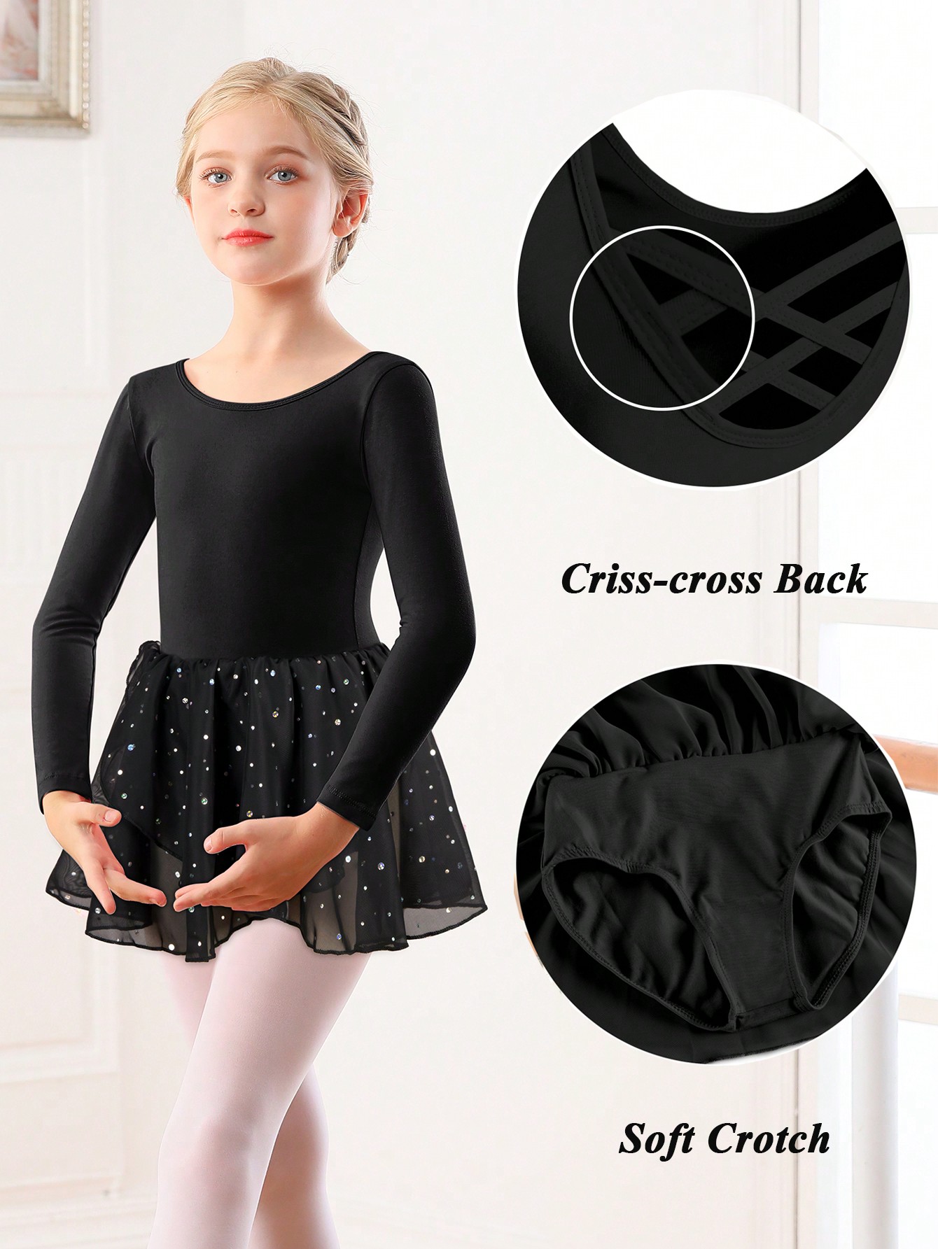 Jeune Fille Manches Longues ballet Justaucorps Avec Scintillant Pétale ...