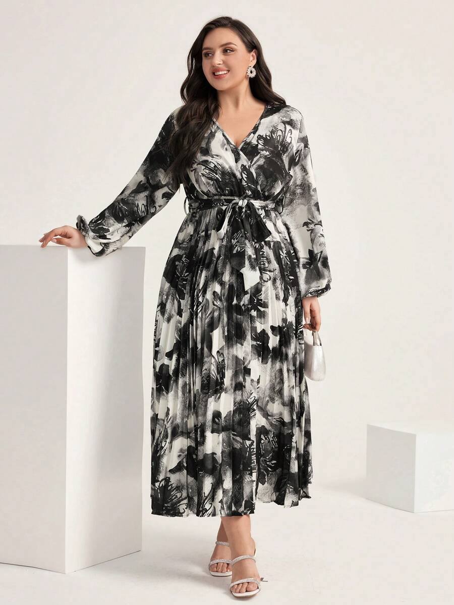 SHEIN Modely Plus Floral Print Belted Pleated Hem Dress | SHEIN USA