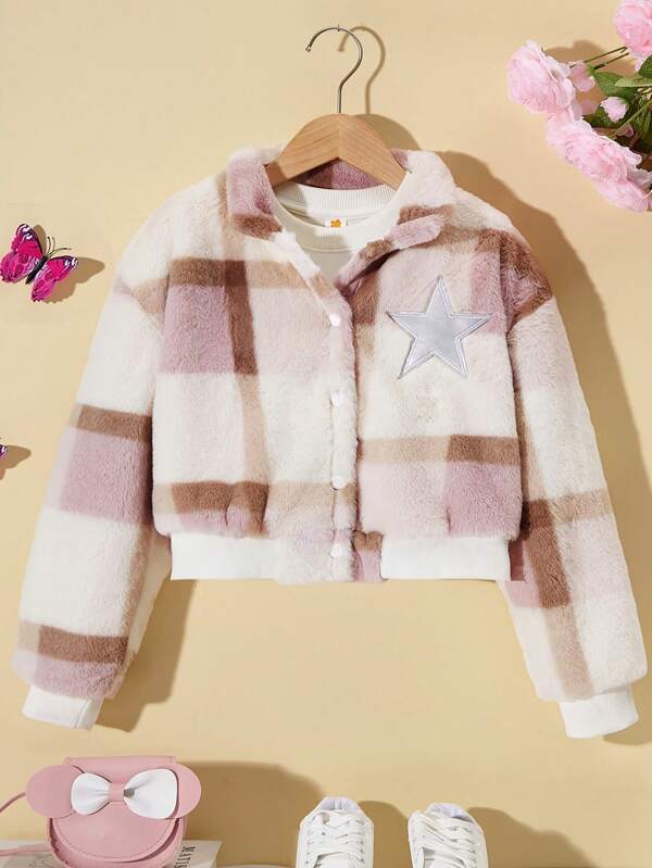 SHEIN Kids Nujoom Tween Girl Plaid Print Star Patched Drop Shoulder Teddy Jacket | SHEIN USA