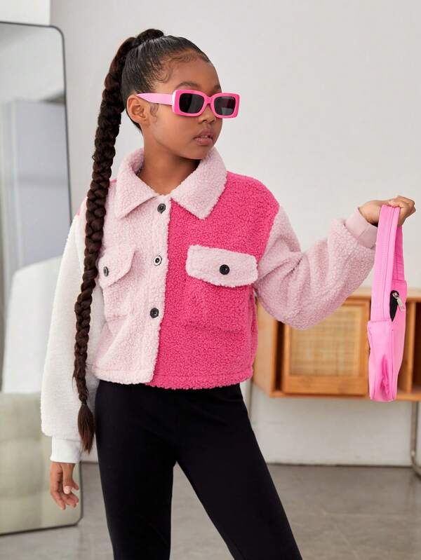 Tween Girl Flap Pocket Drop Shoulder Colorblock Teddy Jacket | SHEIN USA