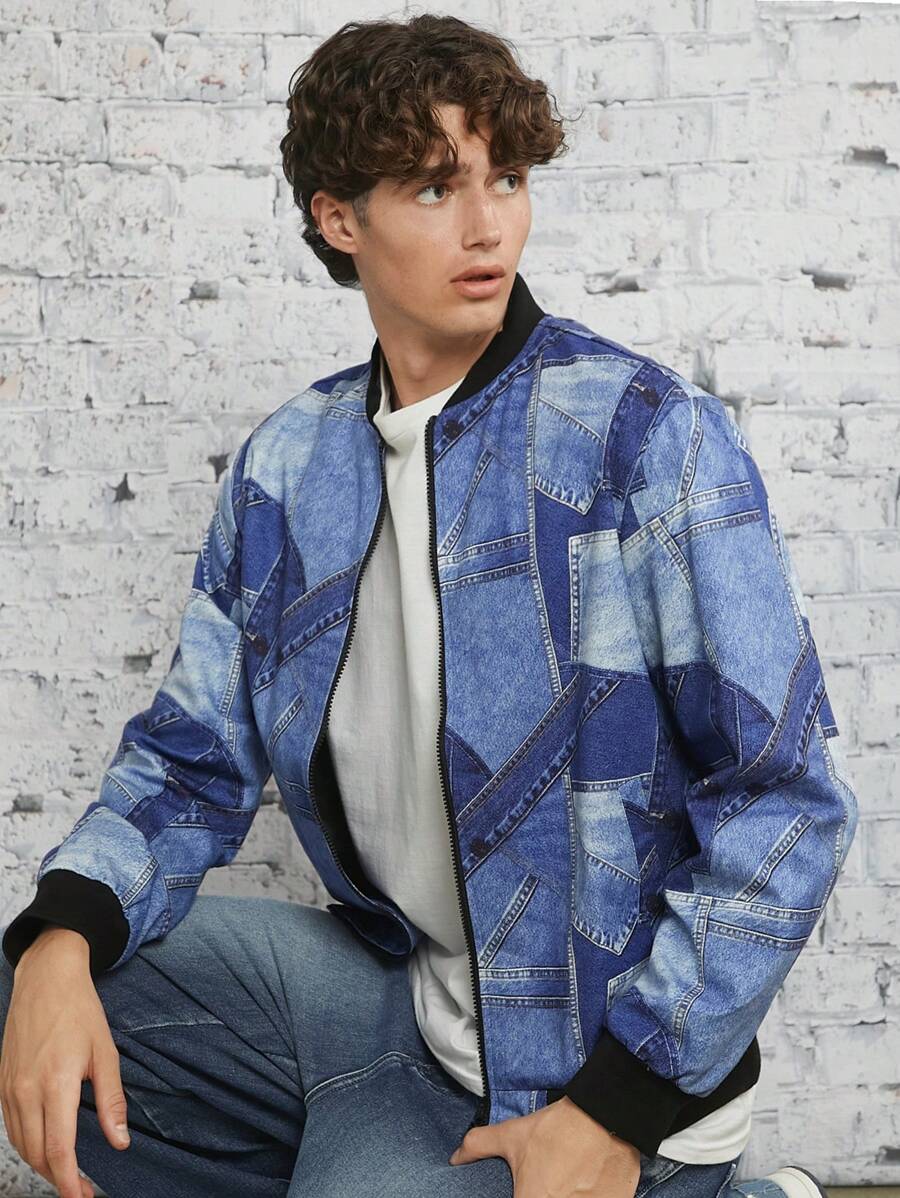Manfinity Hypemode Men Denim-Effect Print Zip Up Bomber Jacket Without ...