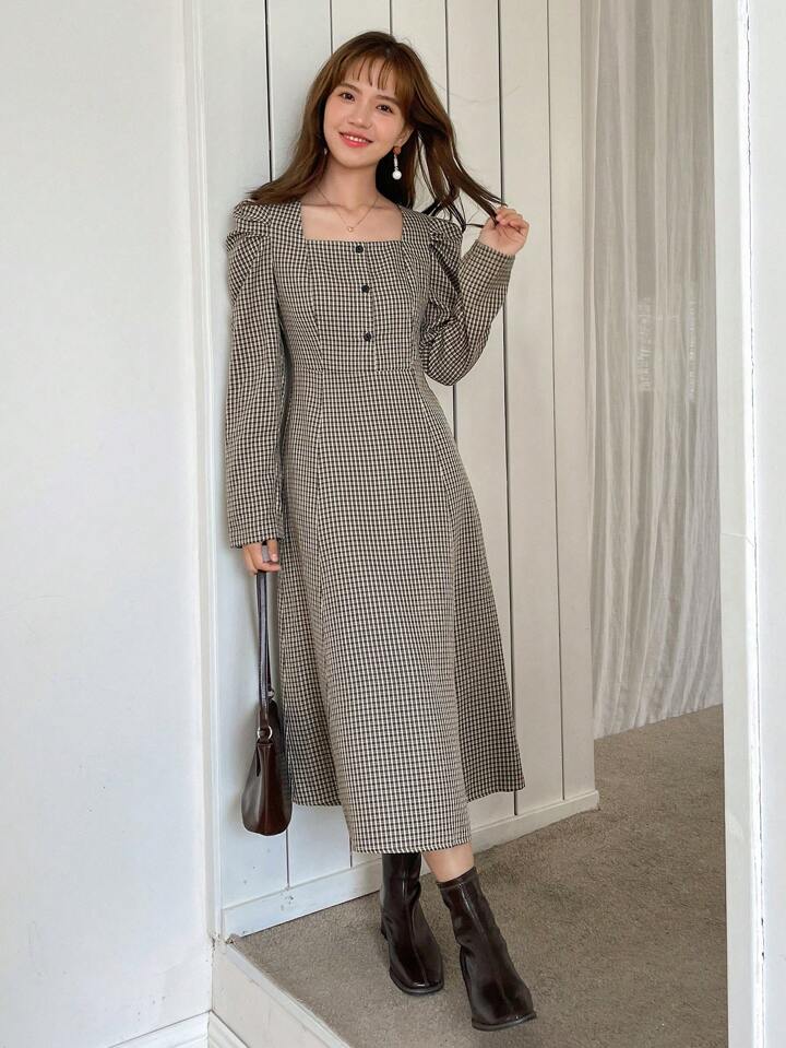 FRIFUL Square Neck Puff Sleeve Button Front Dress | SHEIN