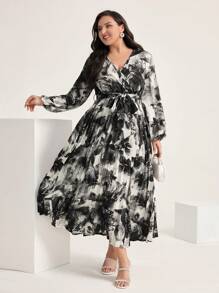 SHEIN Modely Plus Floral Print Belted Pleated Hem Dress | SHEIN USA