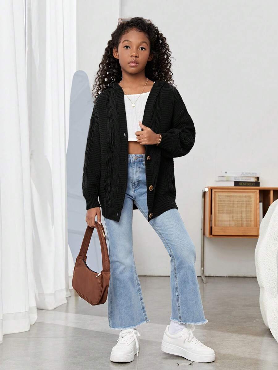 SHEIN Chica preadolescente Cárdigan de hombros caídos con capucha ...