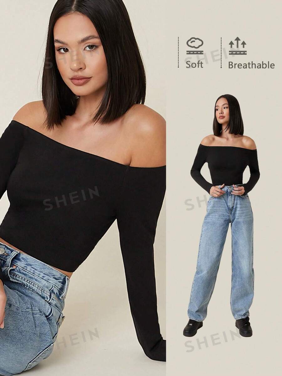 SHEIN X Antonella SHEIN BASICS Blusa Corta Ajustada Con Hombros Descubiertos Y Diseño Sólido ...