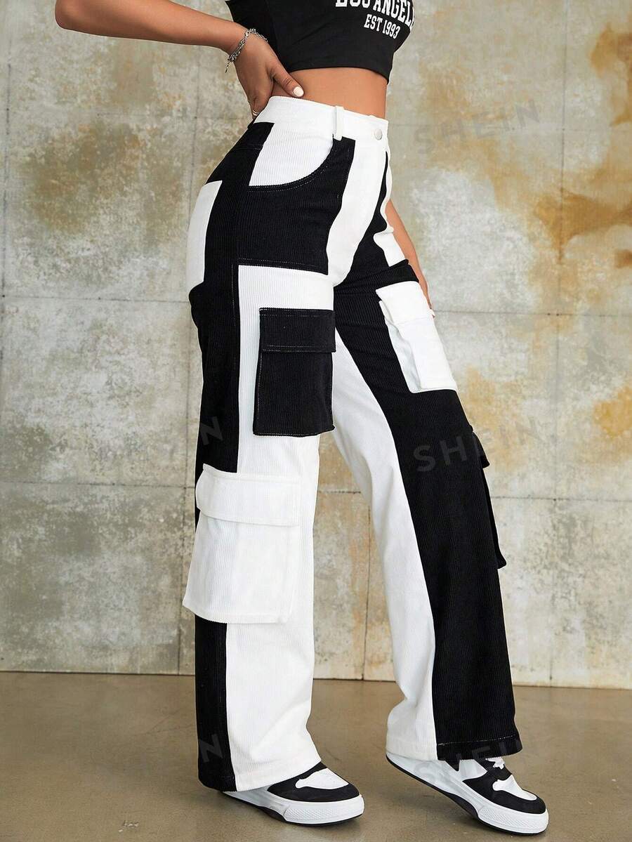 Street High Waist Colorblock Flap Pocket Cargo Corduroy Fall Pants ...