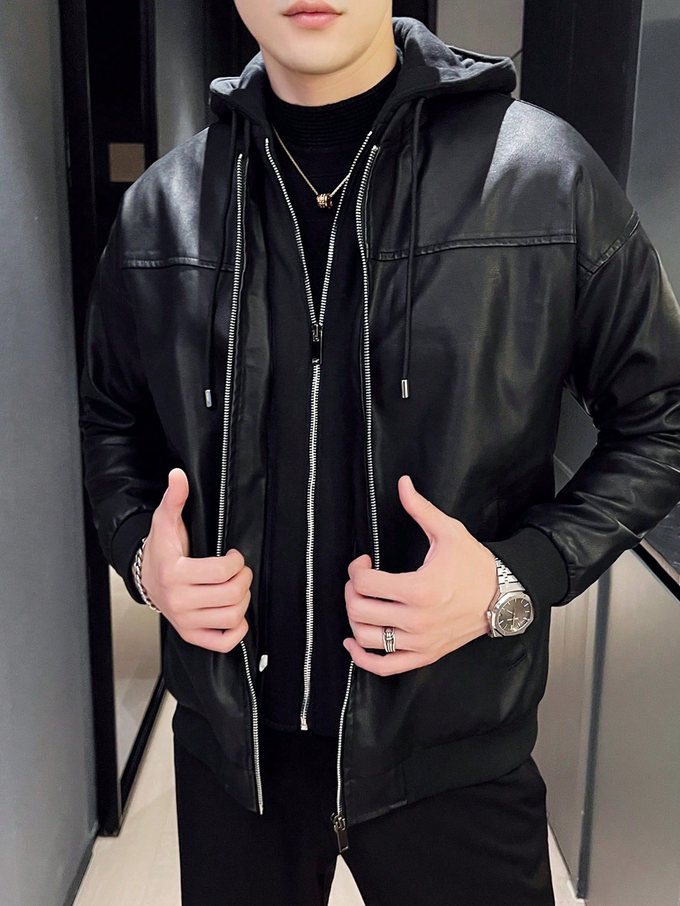 Men Zip Up Hooded PU Leather Jacket | SHEIN UK