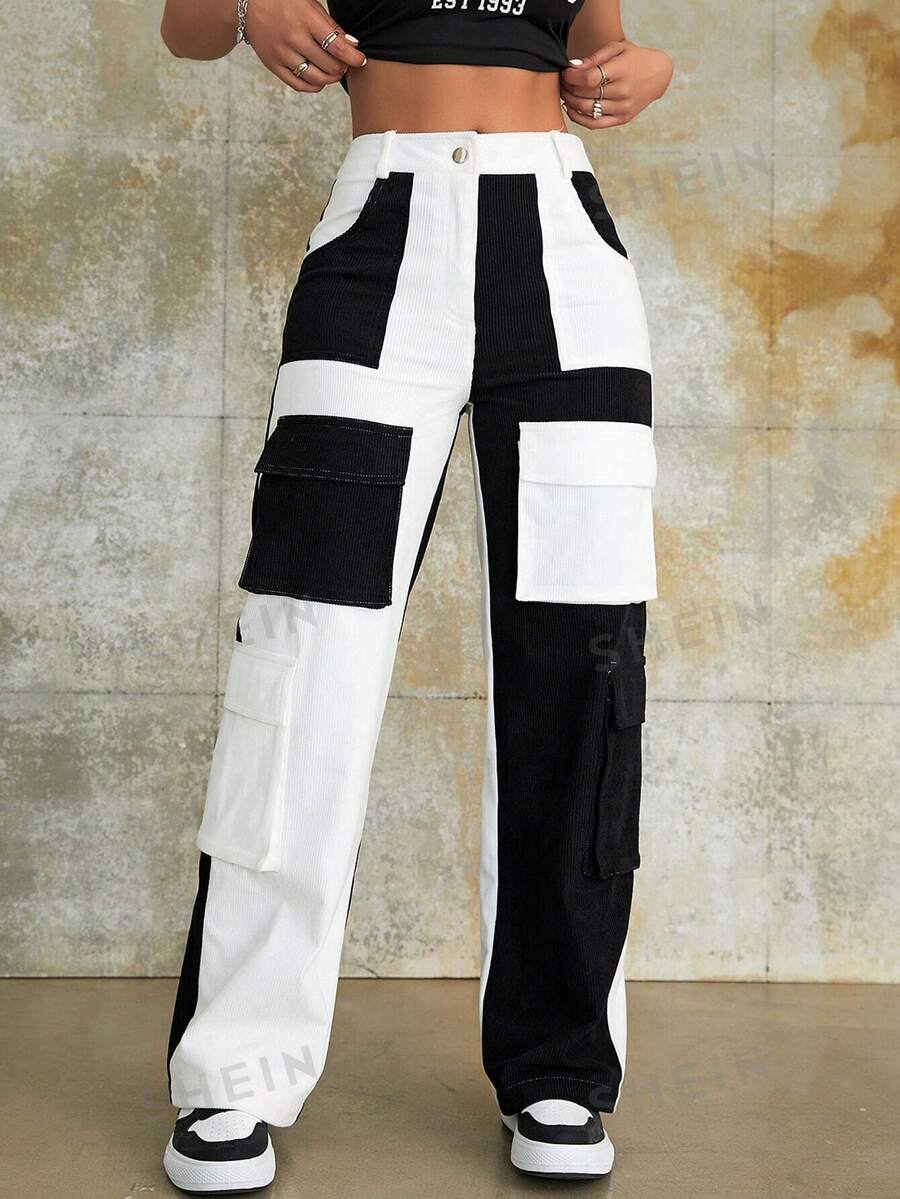Street High Waist Colorblock Flap Pocket Cargo Corduroy Fall Pants ...