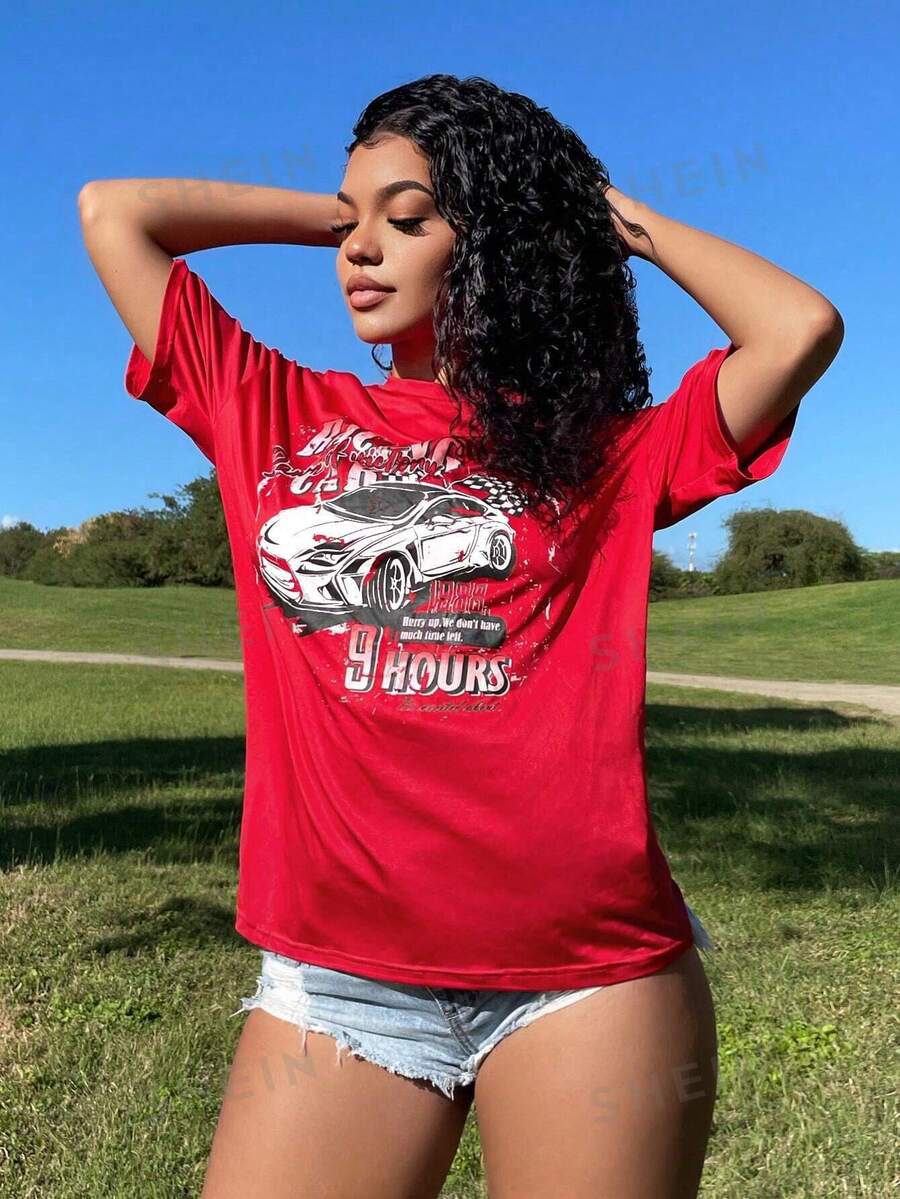 Shein Sxy Car And Letter Graphic Drop Shoulder Tee Shein Usa