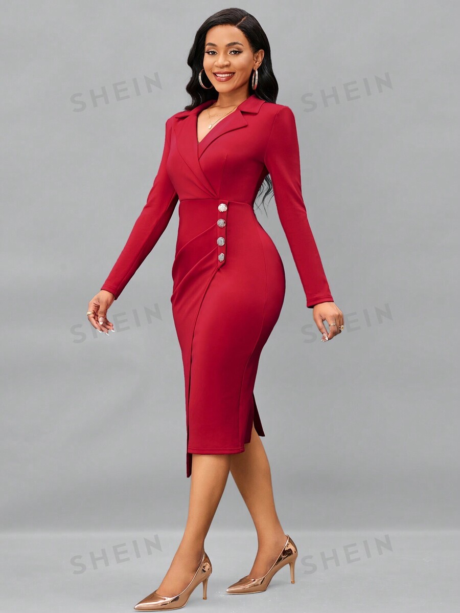 SHEIN Lady Button Detail Wrap Hem Bodycon Dress | SHEIN USA