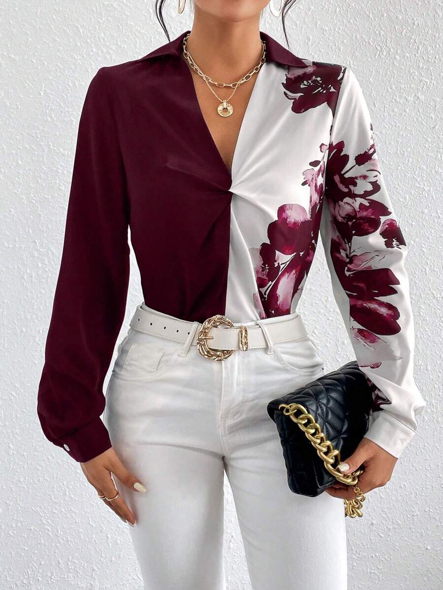 SHEIN Clasi Floral Print Twist Front Blouse,Long Sleeve Tops Fall Cloth ...