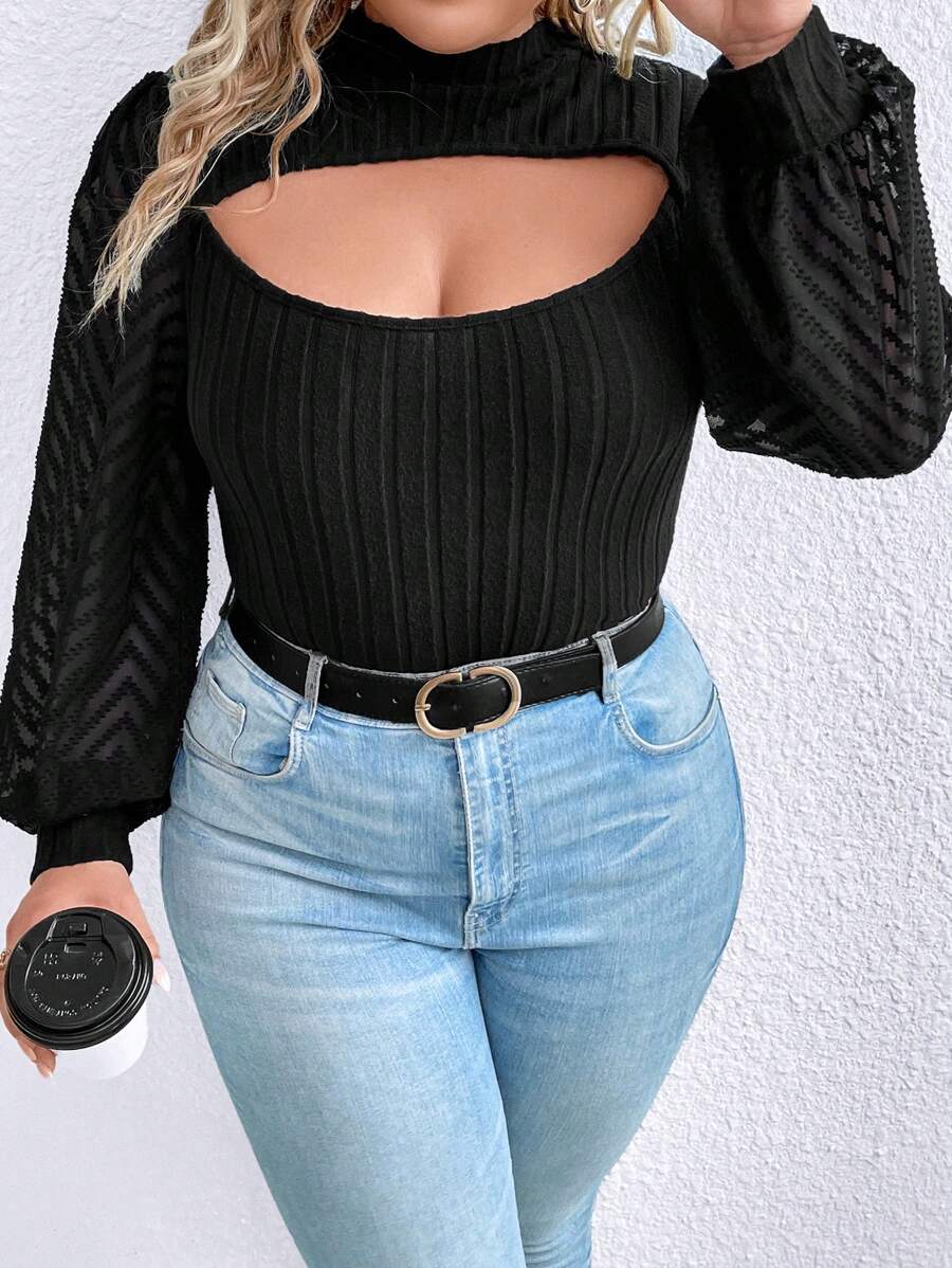SHEIN Clasi Plus Cut Out Front Mock Neck Lantern Sleeve Cut Out Front ...
