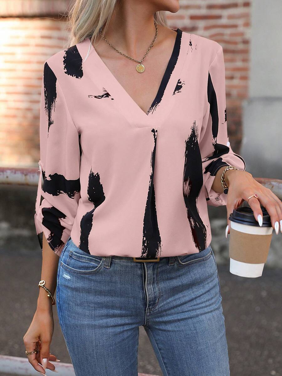Shein Lune Brush Stroke Print Roll Tab Sleeve Blouse For Sale Australia