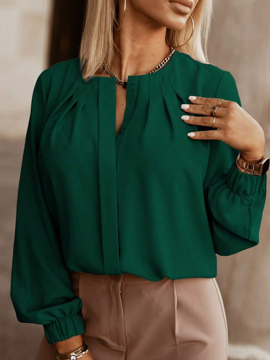 Solid Notched Neck Bishop Sleeve Blouse Shein Usa