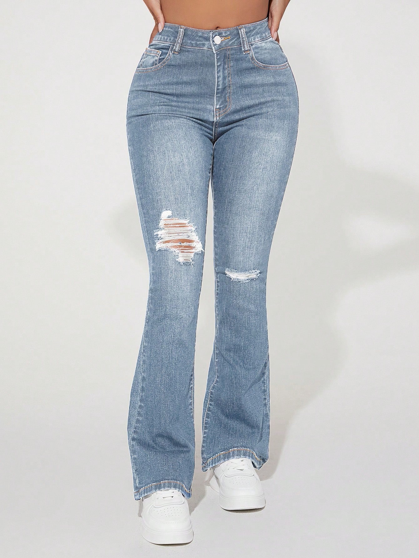 SHEIN PETITE Ripped Bootcut Leg Jeans | SHEIN UK