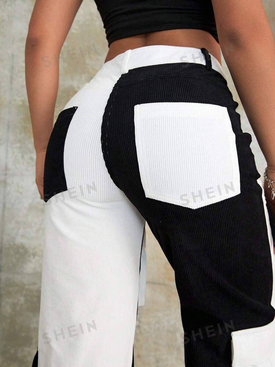 Street High Waist Colorblock Flap Pocket Cargo Corduroy Fall Pants ...
