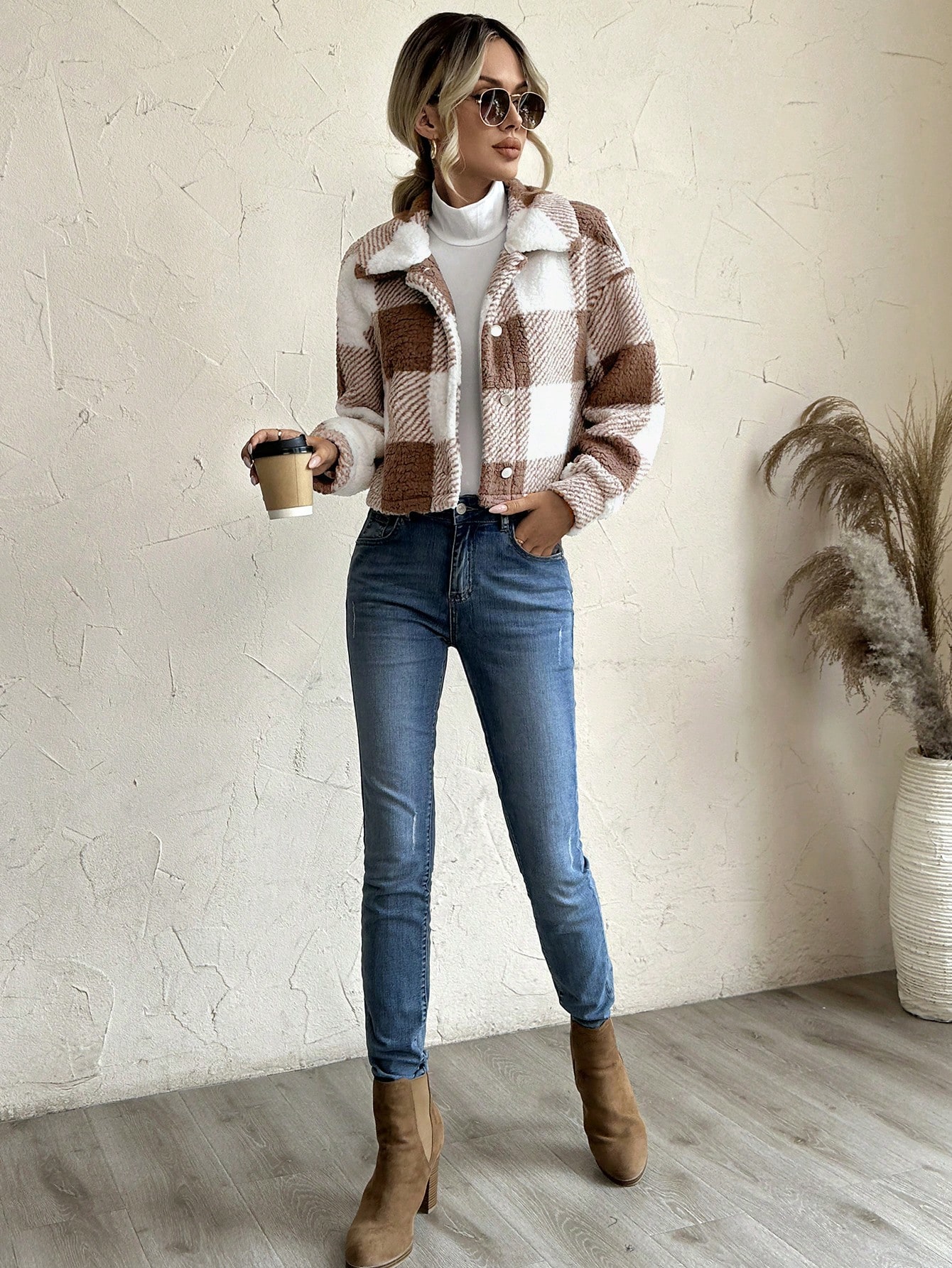 SHEIN LUNE Buffalo Plaid Pattern Drop Shoulder Teddy Jacket | SHEIN EUR