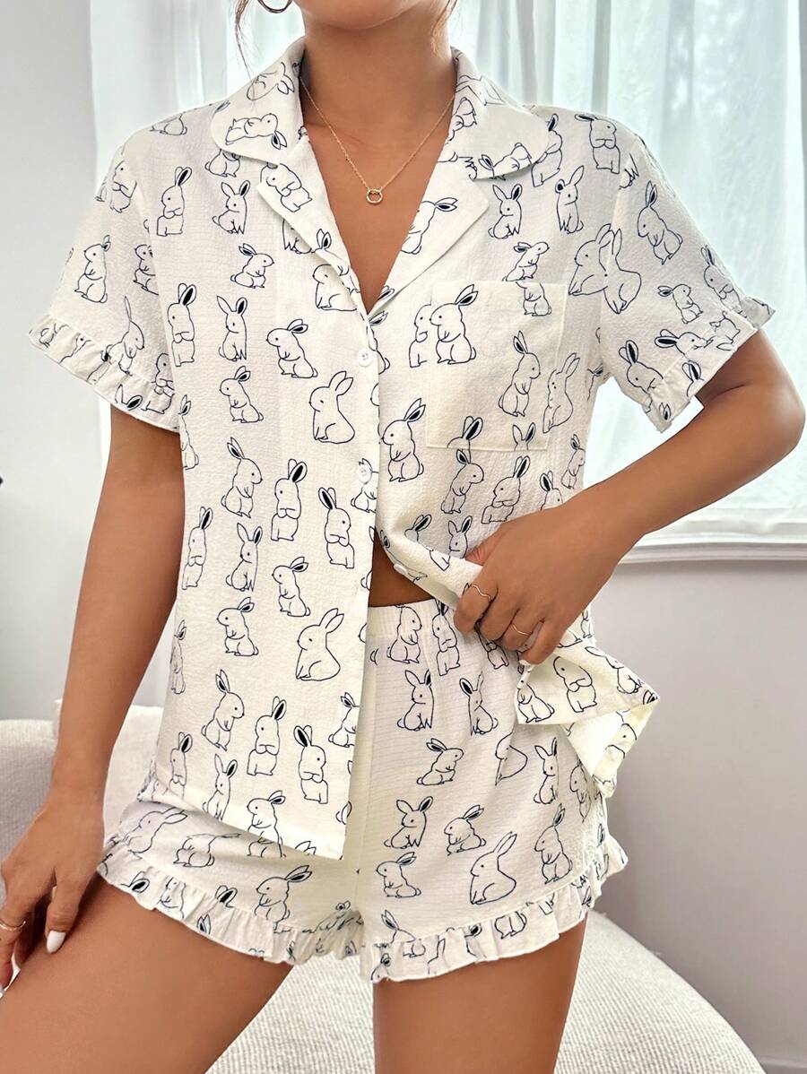 Rabbit Print Ruffle Trim Button Front PJ Set / Pajama Set | SHEIN USA