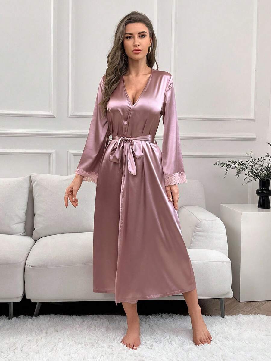 Solid Lace Cuff Belted Satin Robe | SHEIN USA