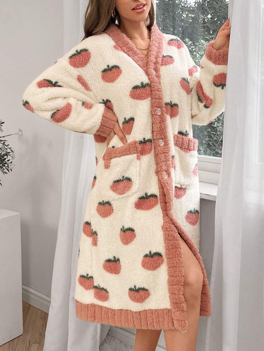 Strawberry Pattern Drop Shoulder Belted Flannel Sleep Robe | SHEIN USA