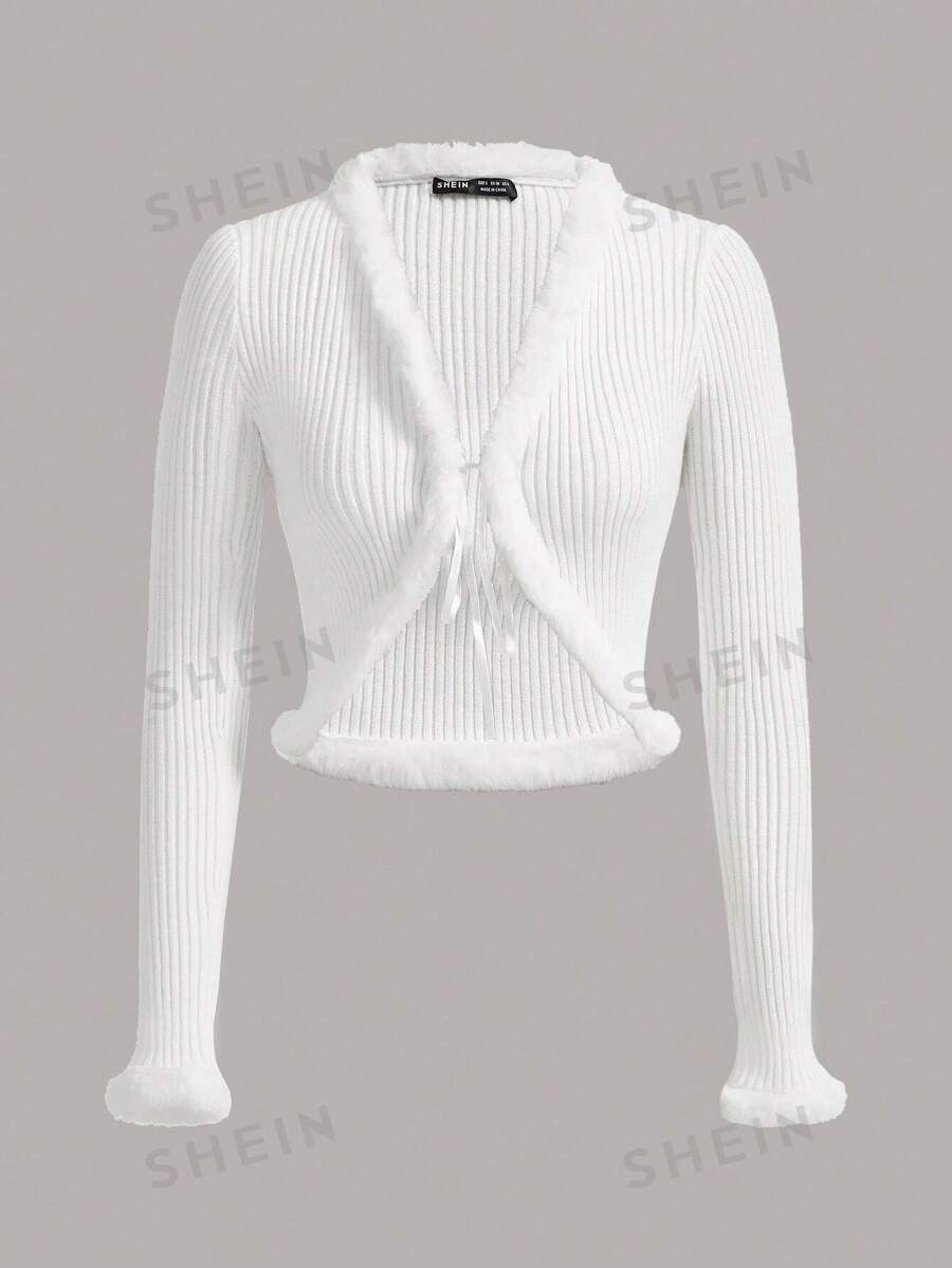 SHEIN ICON Fuzzy Trim Knot Front Crop Cardigan | SHEIN UK