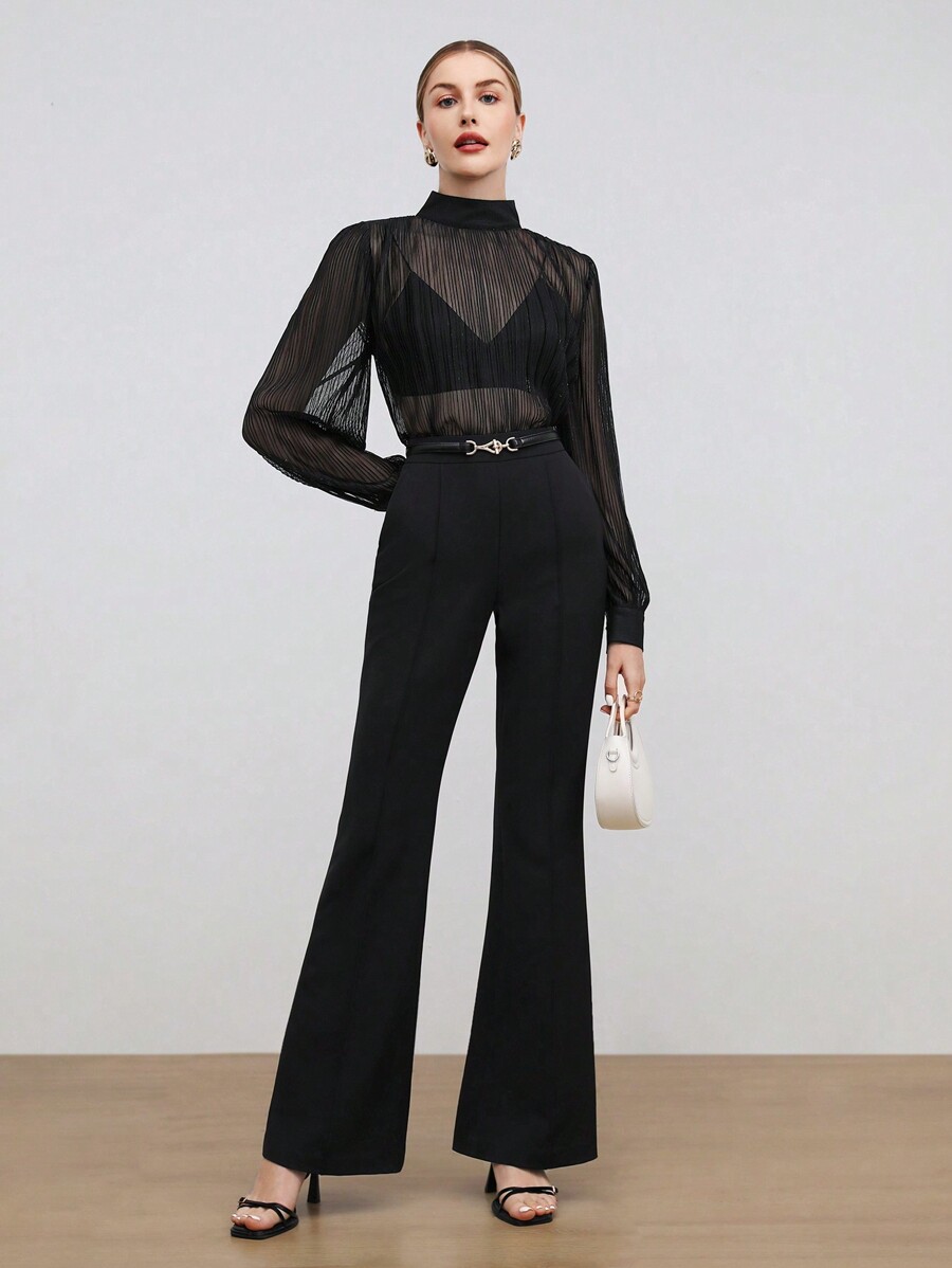 SHEIN BIZwear Women Black Solid Color Blouse With Ruched, High Neck ...