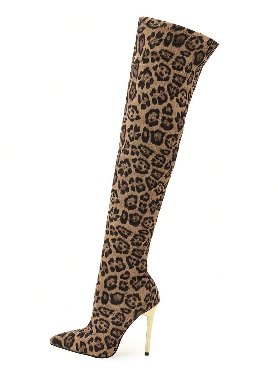 Womens Leopard Print Pointed Toe Stiletto Heel Stretch Over The Knee