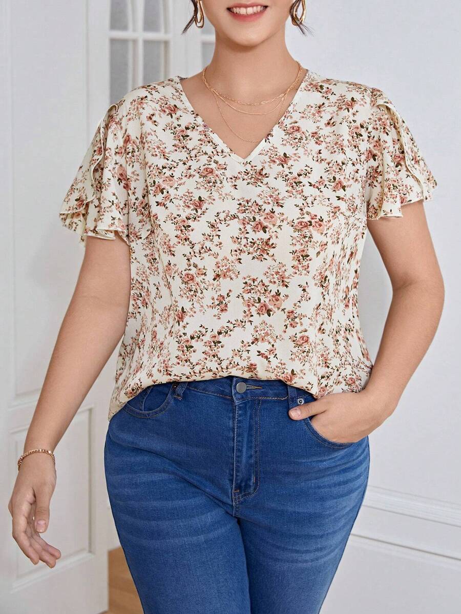 Shein Unity Plus Floral Print Butterfly Sleeve Blouse For Summer