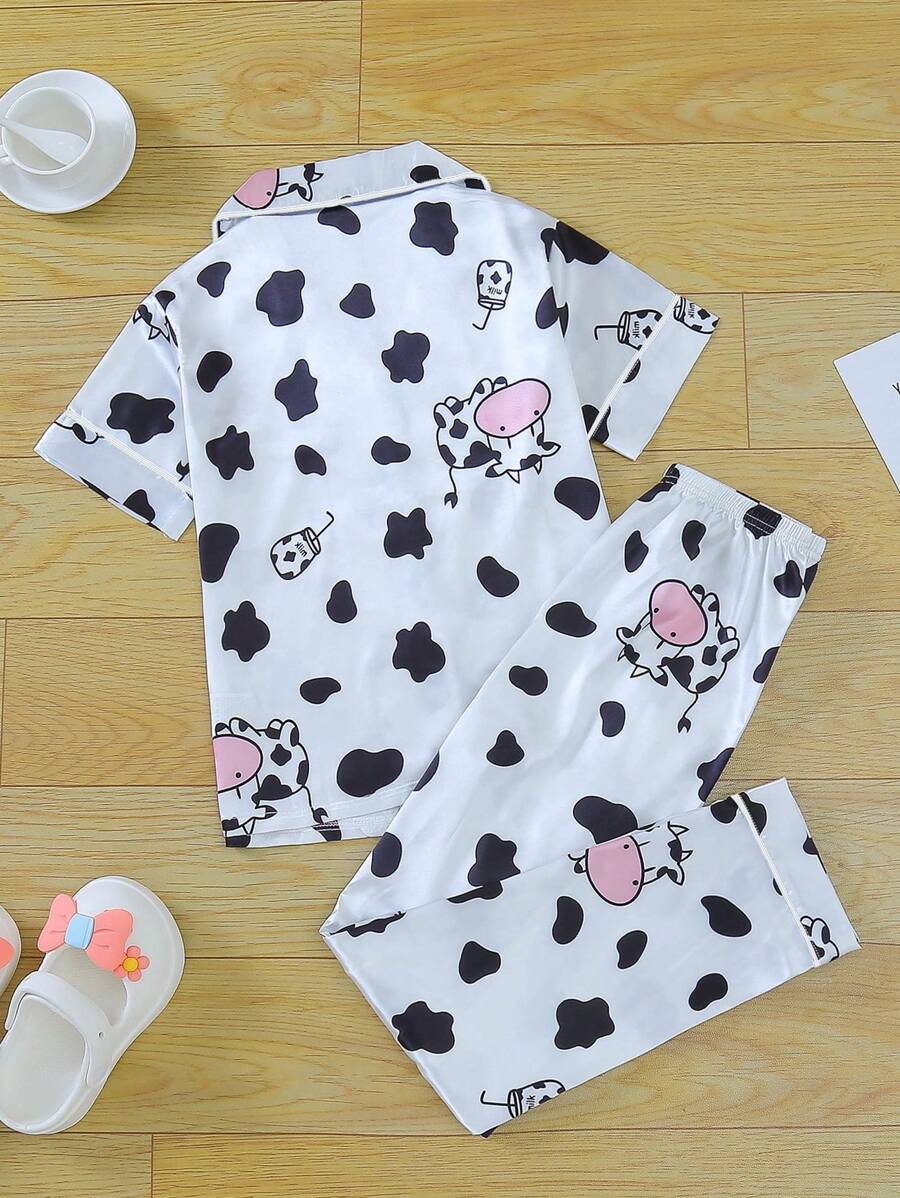 Tween Girl Cow Print Contrast Piping PJ Set | SHEIN UK
