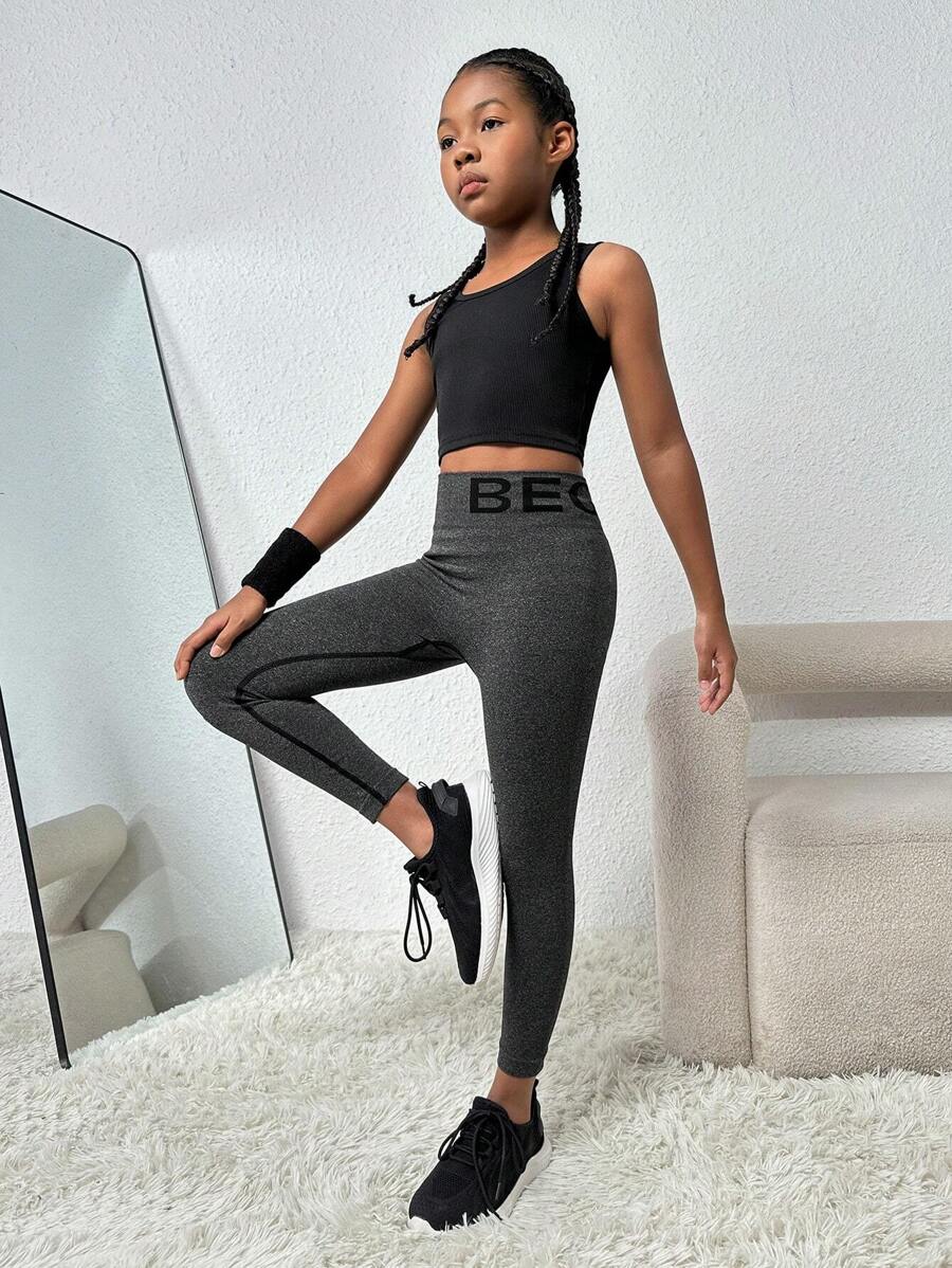 SHEIN Tween dziewczynka Bezszwowy Legginsy sportowe W Czarny Kolor Z ...
