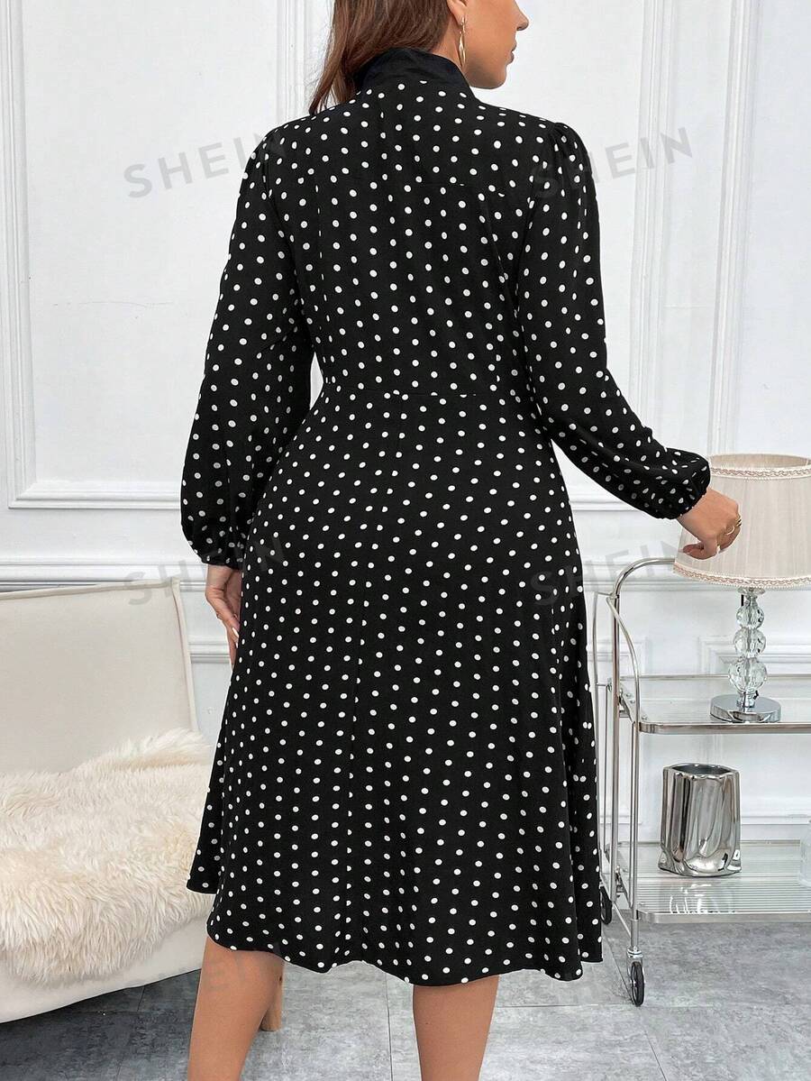 Shein Clasi Plus Polka Dot Print Tie Neck Lantern Sleeve Dress Shein Usa