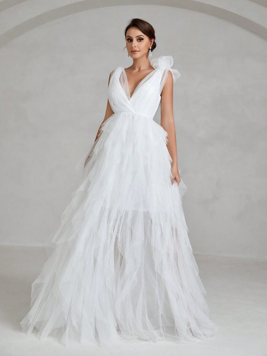 Plunging Neck Floor Length Mesh Wedding Dress | SHEIN USA