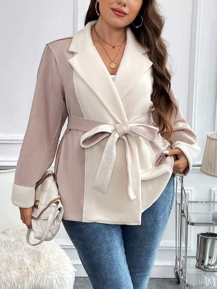 SHEIN Clasi Plus Two Tone Lapel Neck Belted Coat | SHEIN USA