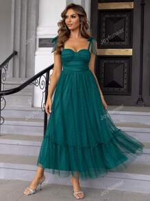 Joyfunear Tie Shoulder Ruffle Hem Mesh Overlay Dress | SHEIN USA