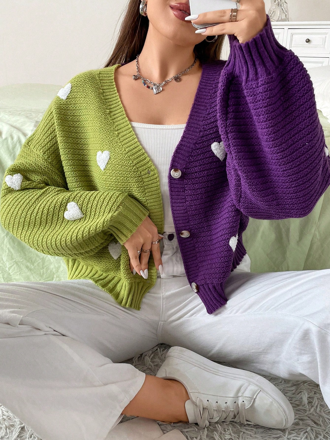 Shein Qutie Plus Two Tone Heart Embroidery Drop Shoulder Cardigan