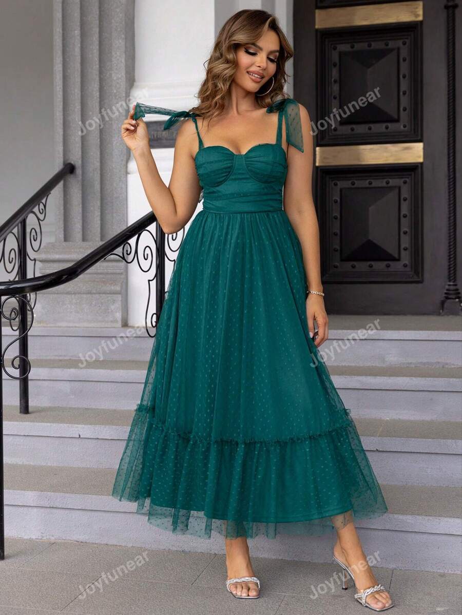 Joyfunear Tie Shoulder Ruffle Hem Mesh Overlay Dress | SHEIN USA