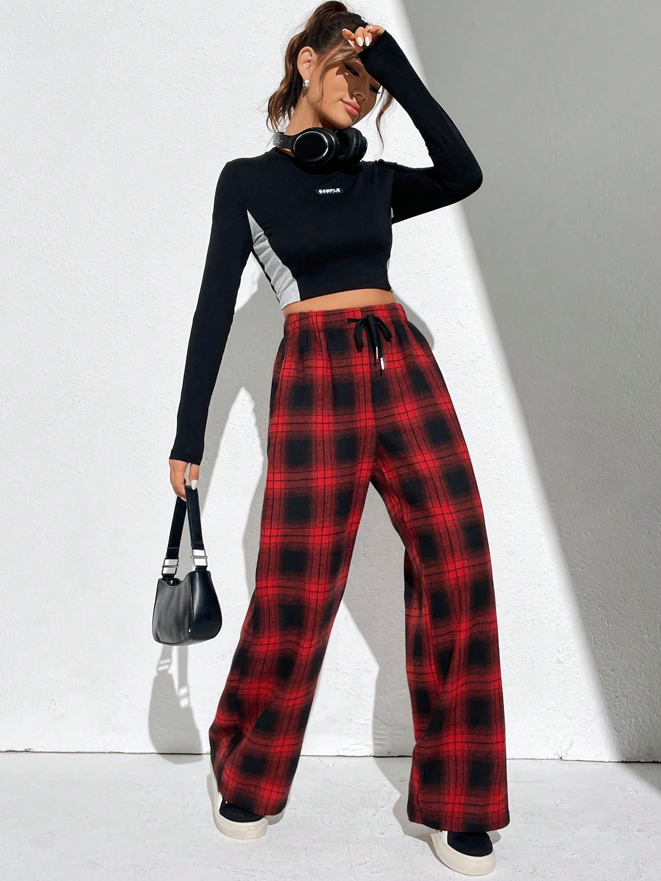 SHEIN EZwear Summer Red Plaid Print Drawstring Waist Wide Leg Pants ...